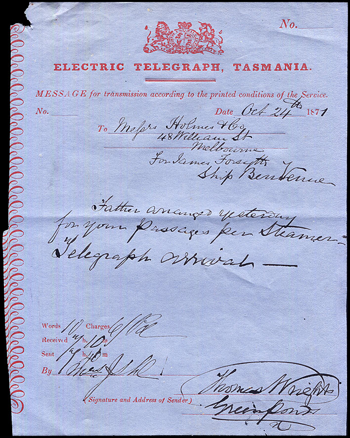 Tasmanian inter-colonial telegrams